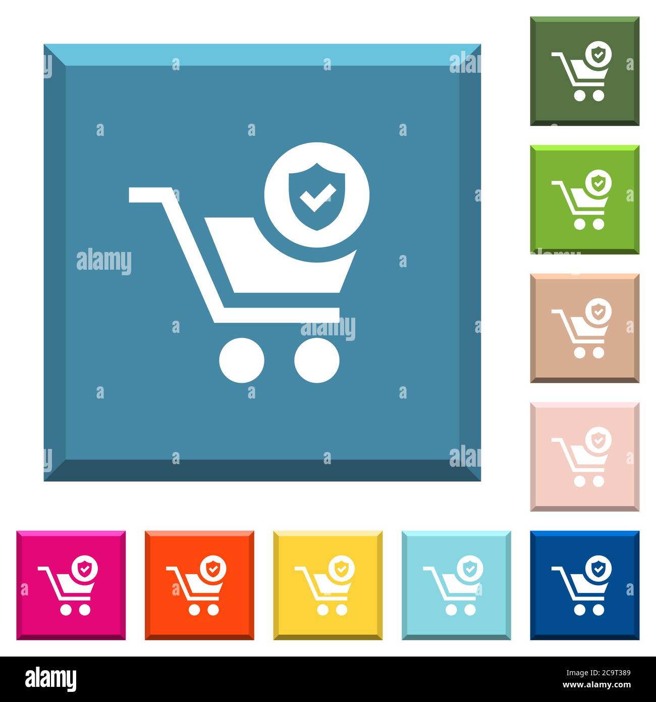 Secure shopping white icons on edged square buttons in various trendy ...