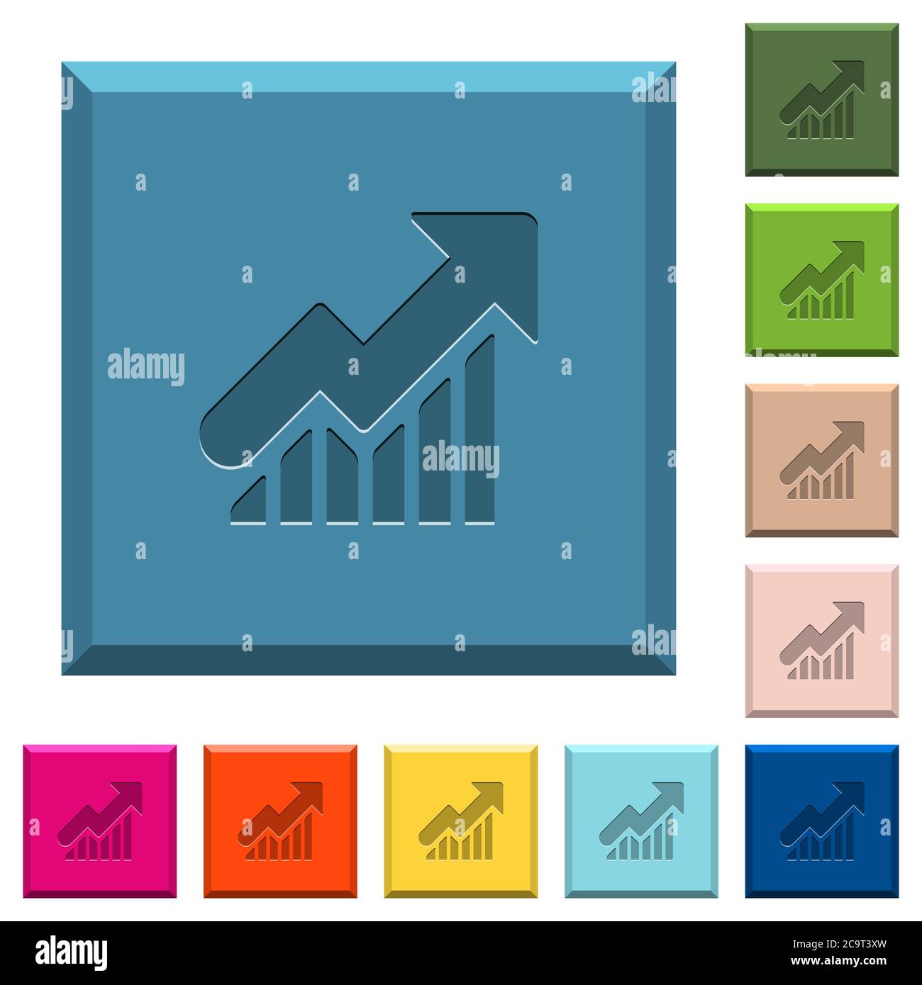 Rising graph engraved icons on edged square buttons in various trendy ...