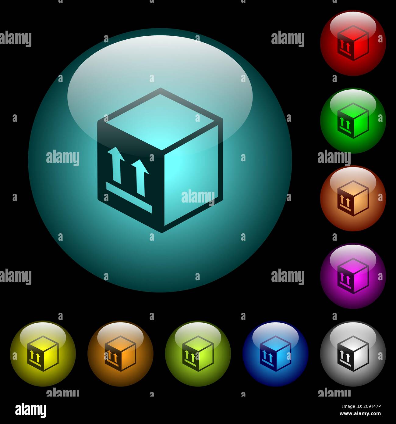 Single package icons in color illuminated spherical glass buttons on ...