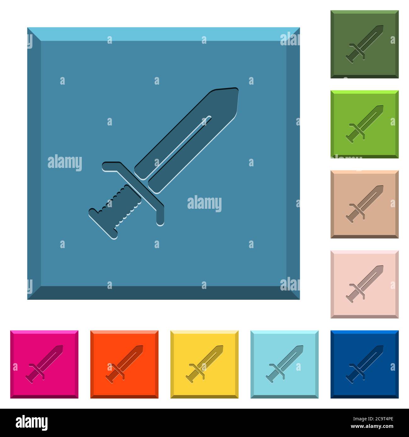 Sword engraved icons on edged square buttons in various trendy colors ...