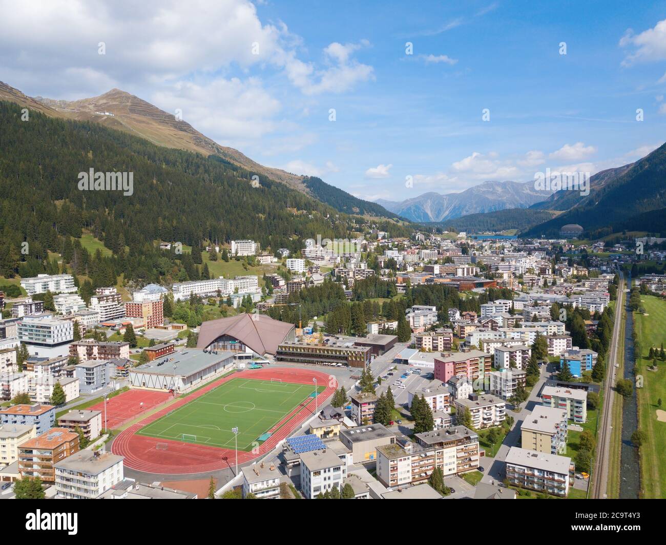Aerial view of Davos city and lake. Davos is swiss city, famous ...