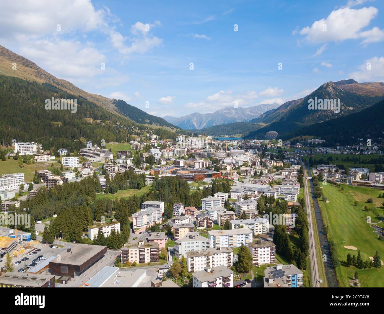 Aerial view of Davos city and lake. Davos is swiss city, famous ...