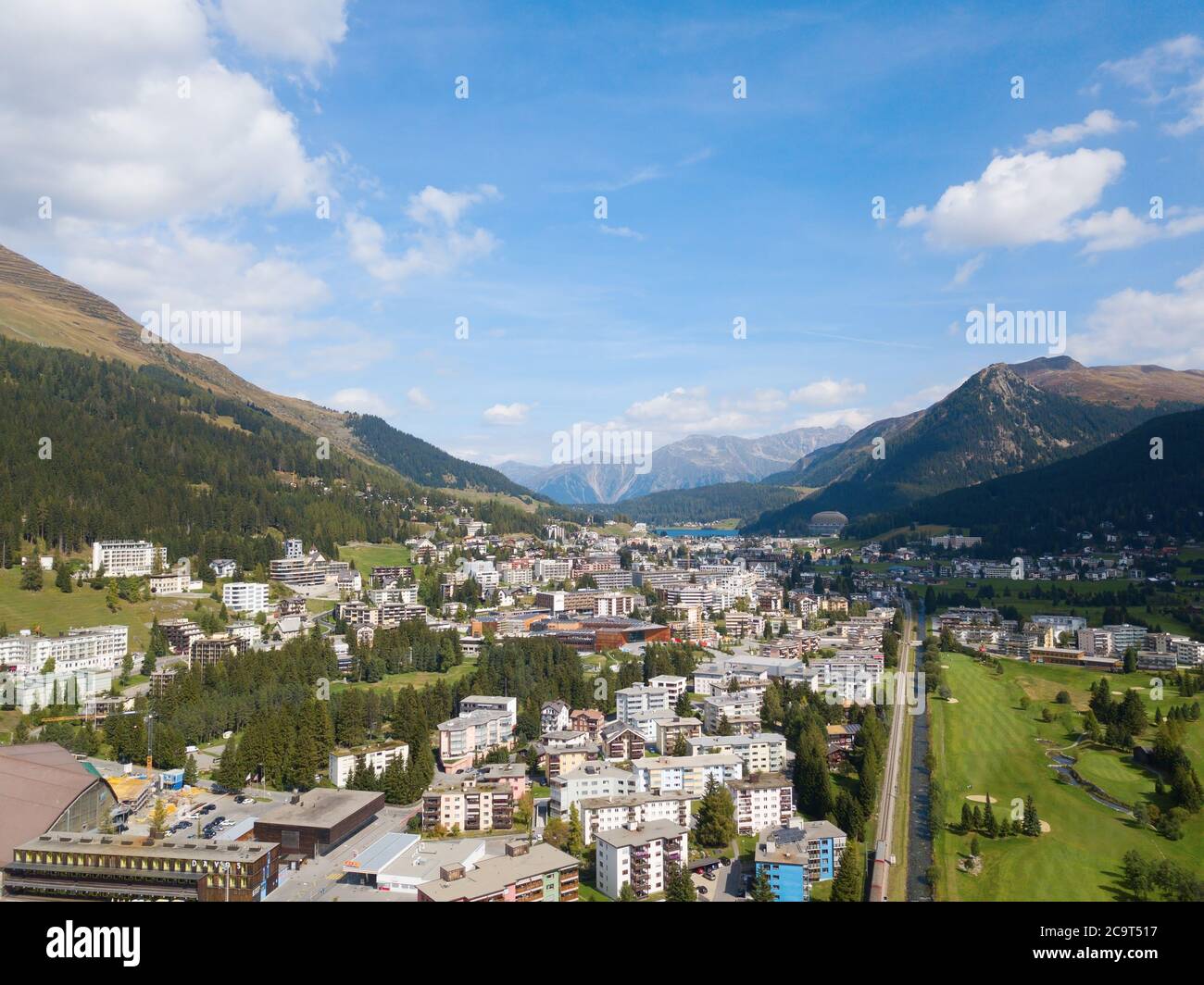 Aerial view of Davos city and lake. Davos is swiss city, famous ...