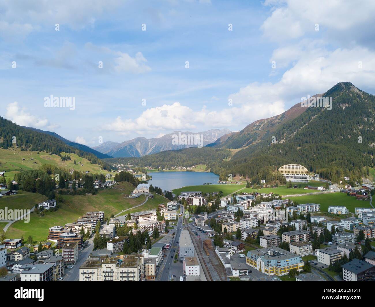 Aerial view of Davos city and lake. Davos is swiss city, famous ...