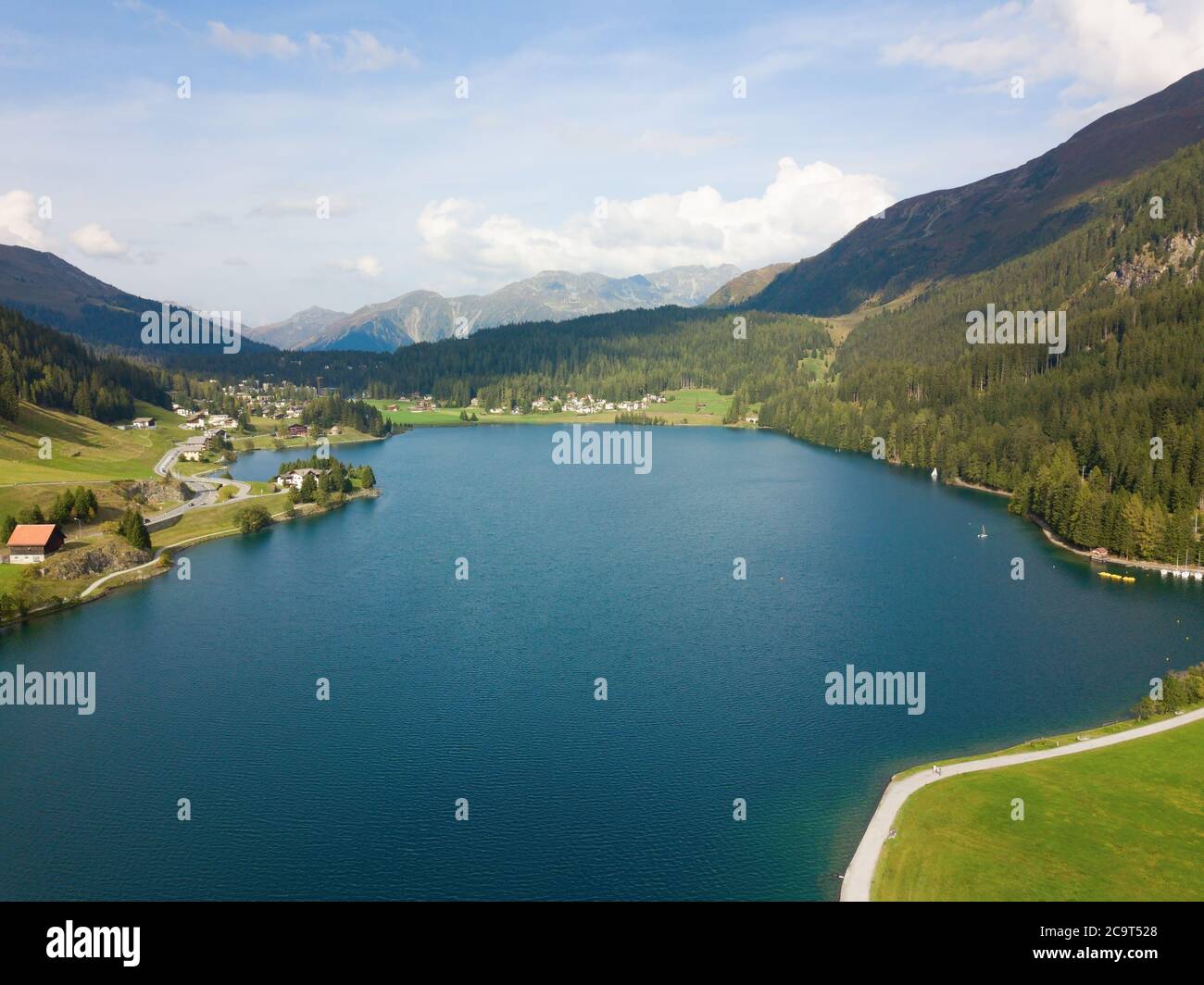 Aerial view of Davos city and lake. Davos is swiss city, famous ...