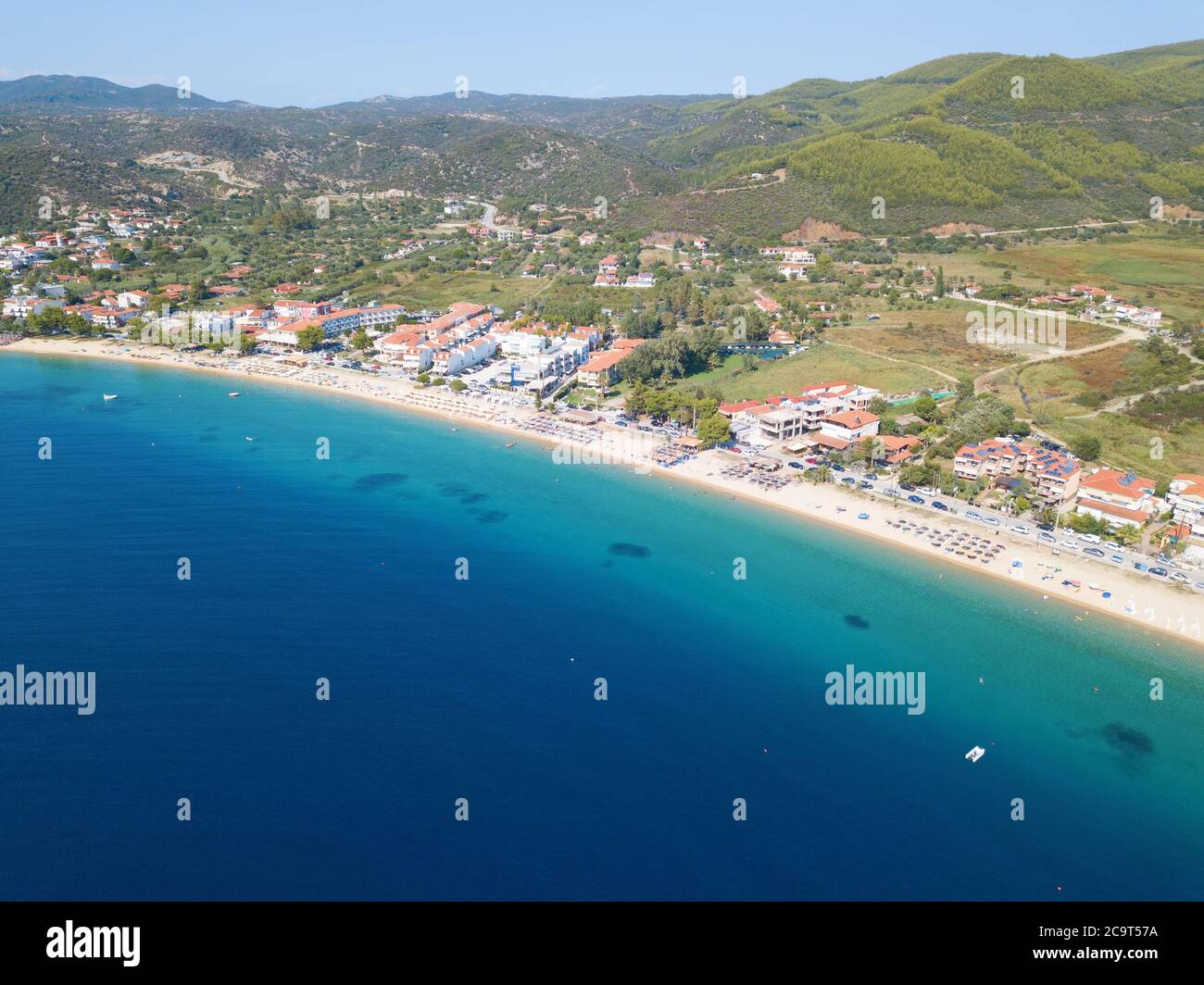 Aerial photo of the beautiful beach on Sitonia, Chalkidiki region ...