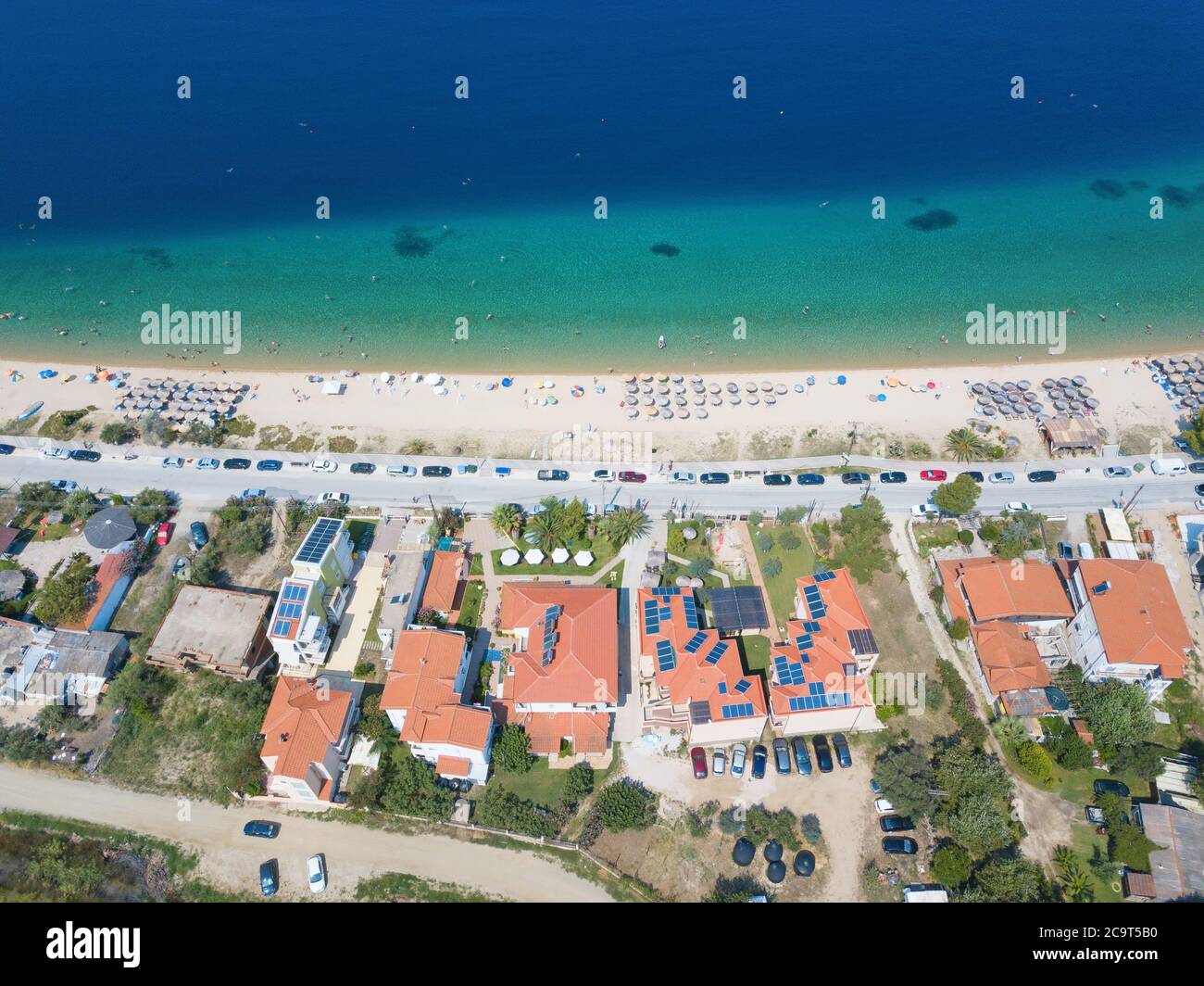 Aerial photo of the beautiful beach on Sitonia, Chalkidiki region ...