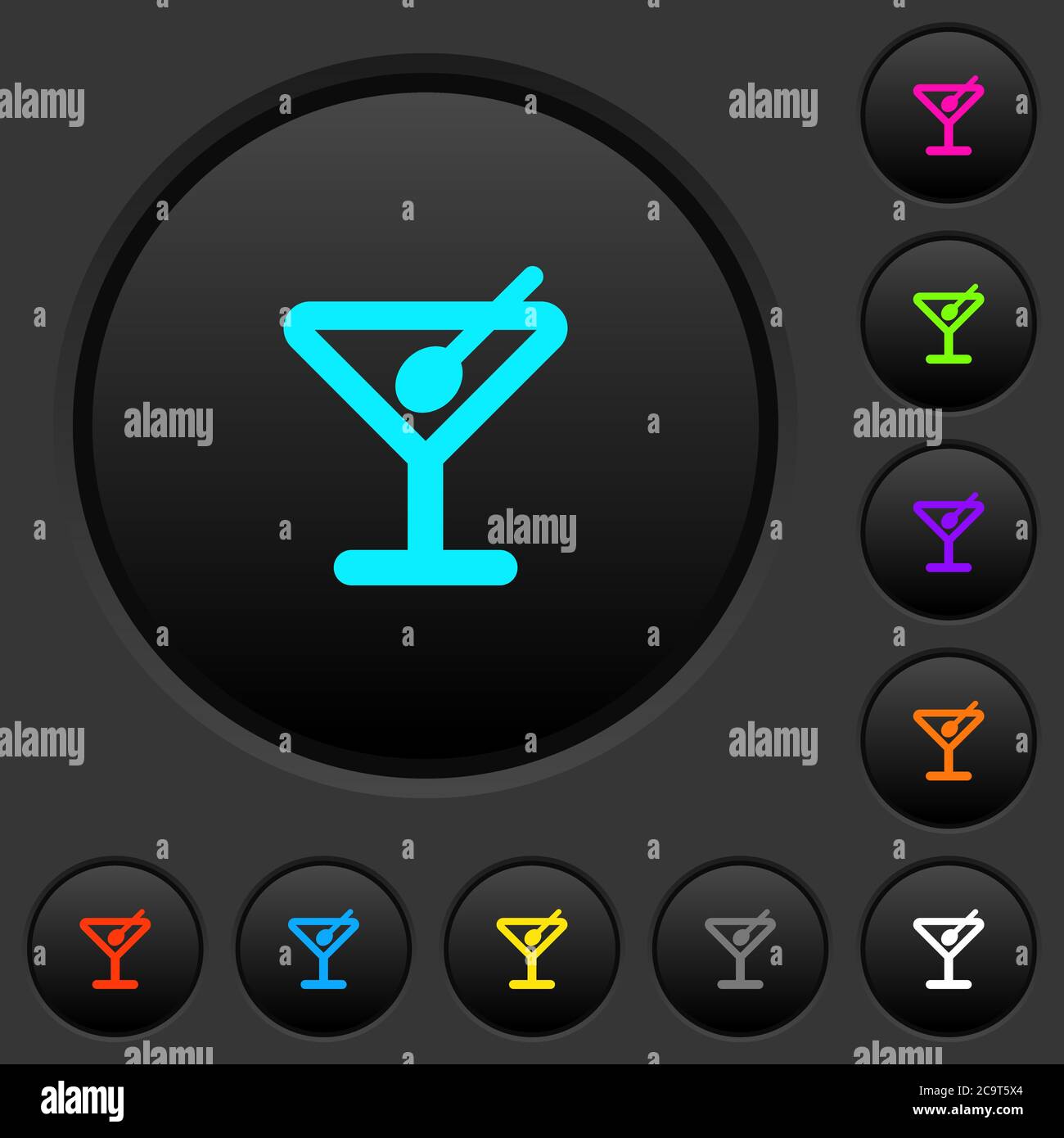 Cocktail dark push buttons with vivid color icons on dark grey ...