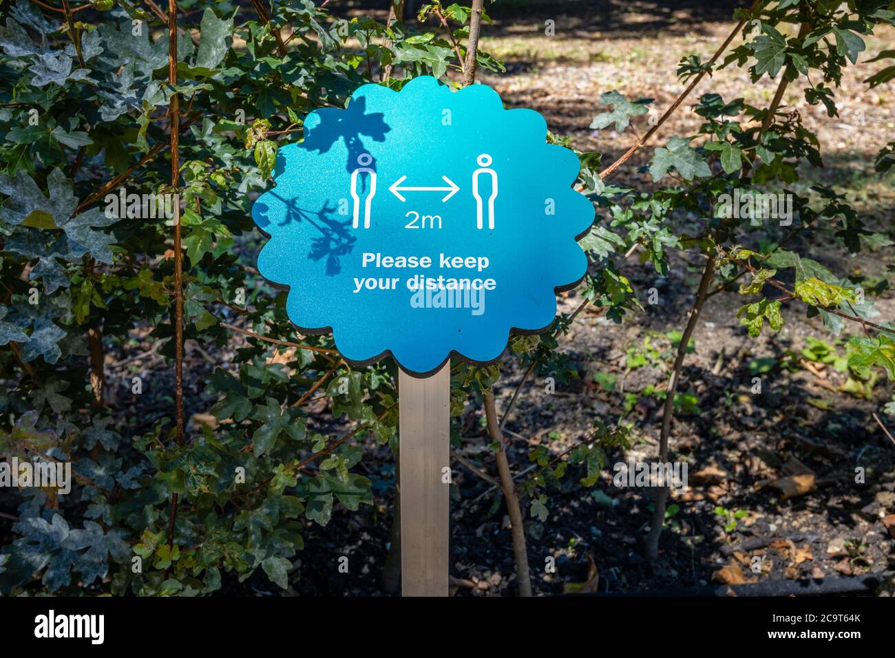 Blue 2m social distancing reminder sign for visitors to Wakehurst ...