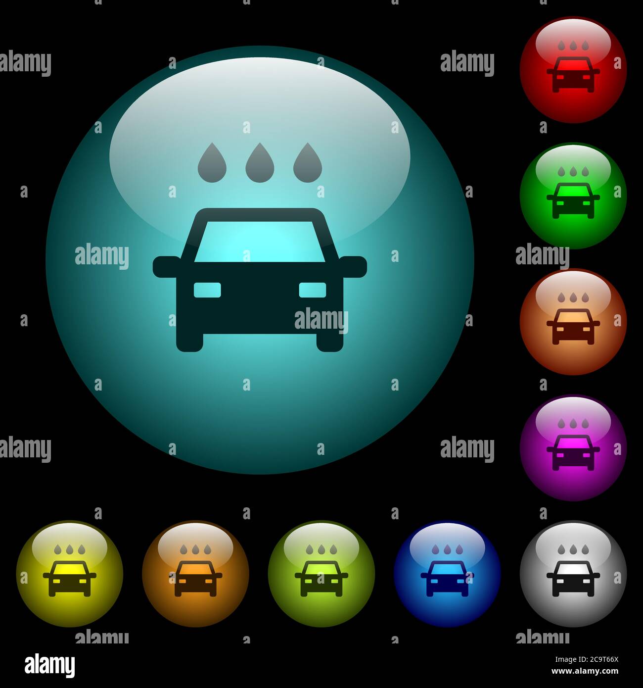Car wash icons in color illuminated spherical glass buttons on black ...