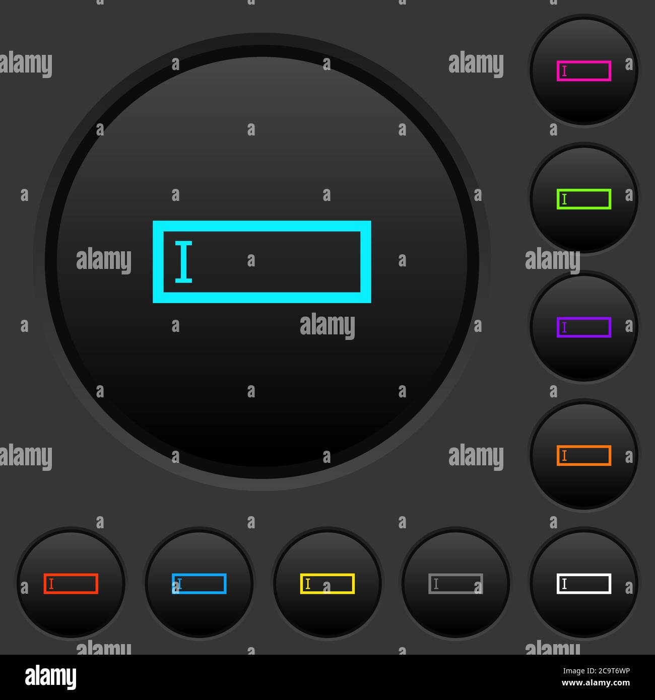 Editbox with editing cursor dark push buttons with vivid color icons on dark grey background ...