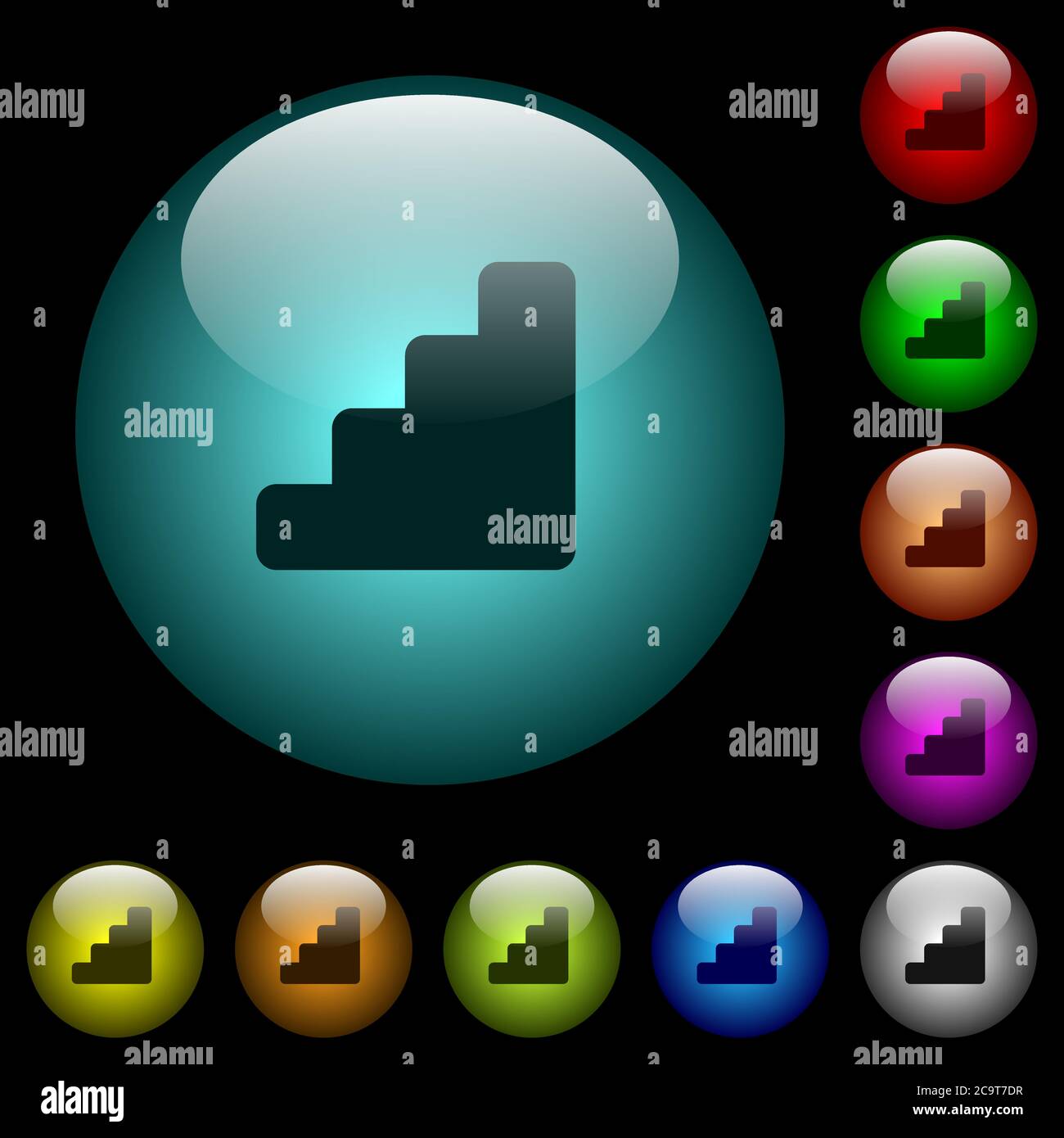 Stairs icons in color illuminated spherical glass buttons on black ...