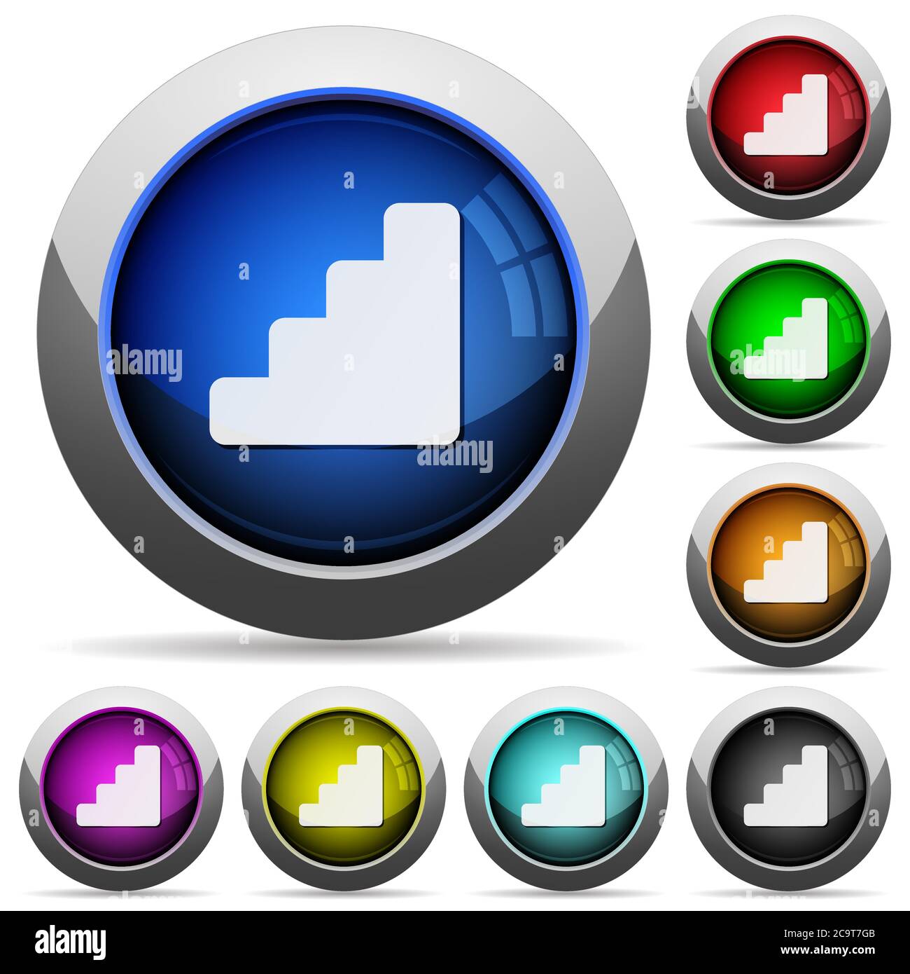 Stairs icons in round glossy buttons with steel frames Stock Vector ...
