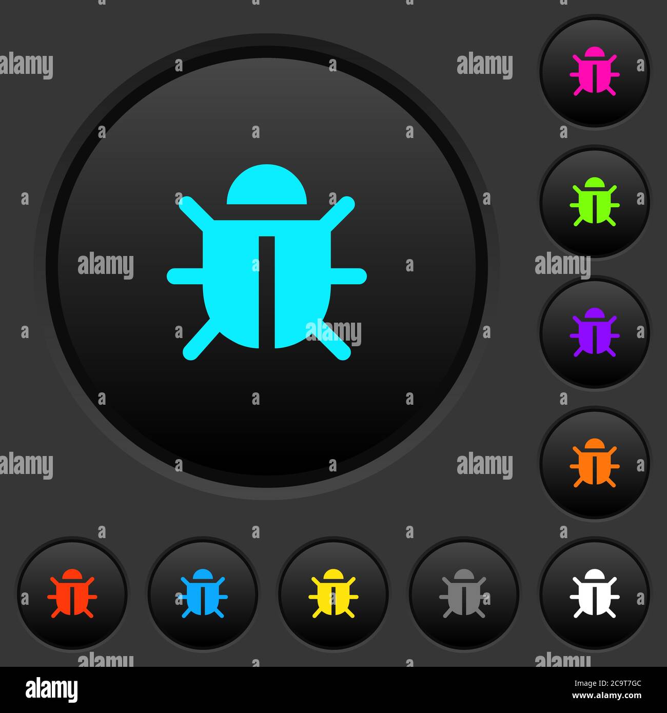 Computer bug dark push buttons with vivid color icons on dark grey ...