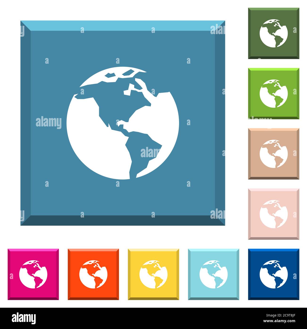 Earth white icons on edged square buttons in various trendy colors ...