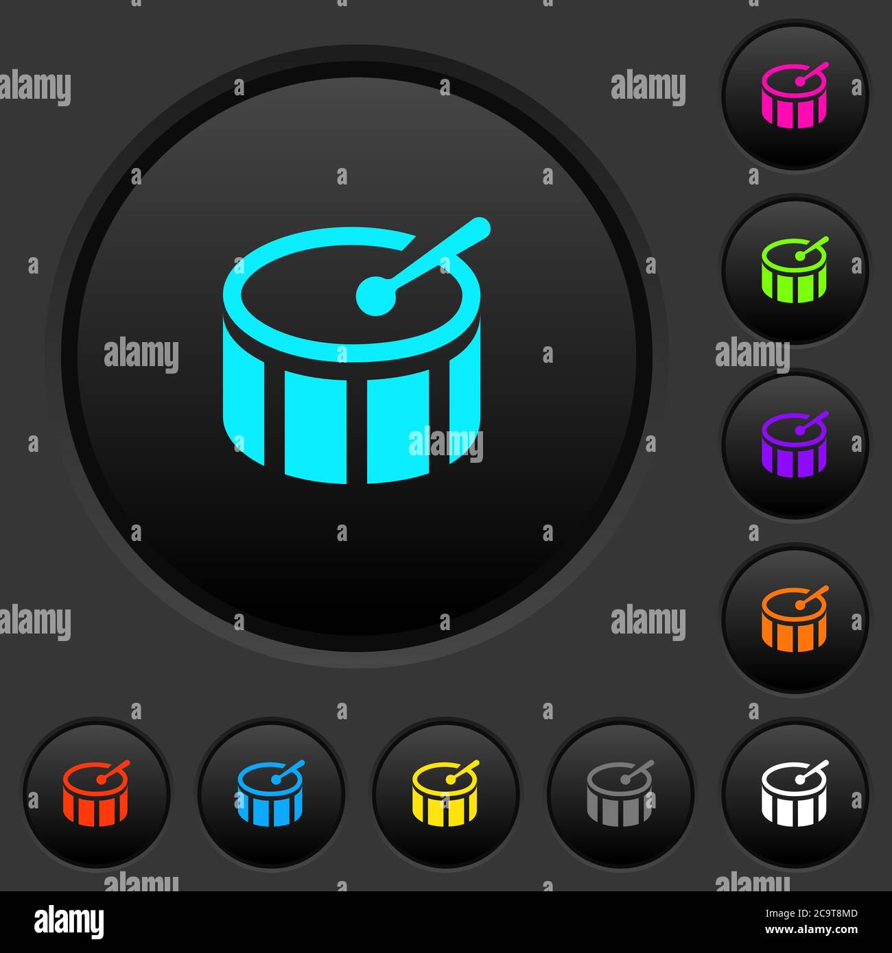 Drum dark push buttons with vivid color icons on dark grey background ...