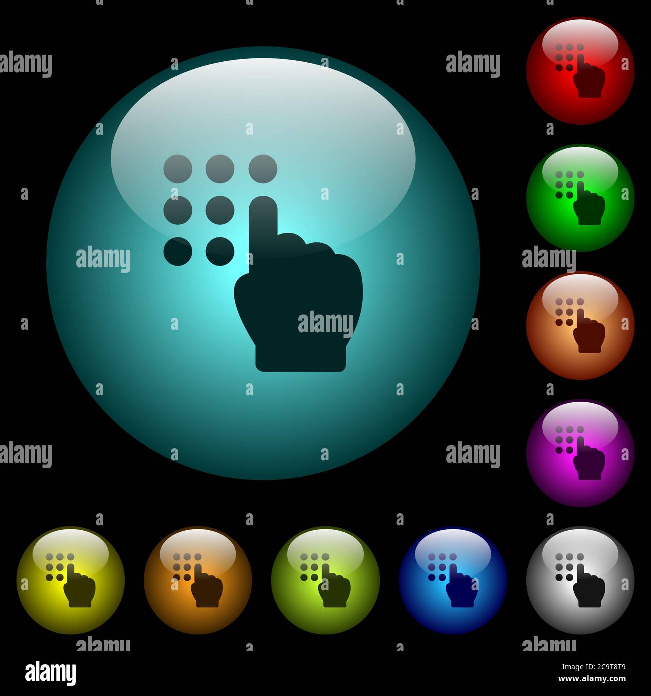 Typing security code icons in color illuminated spherical glass buttons ...