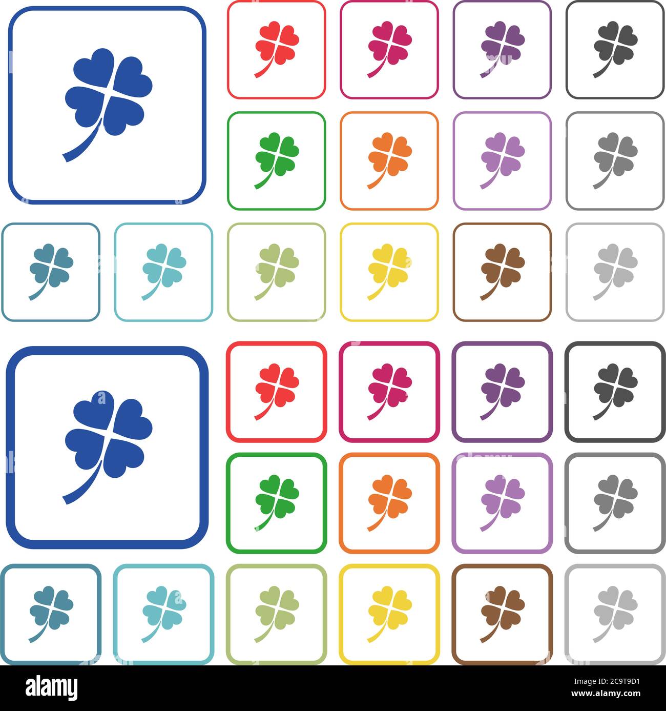 Four leaf clover color flat icons in rounded square frames. Thin and ...