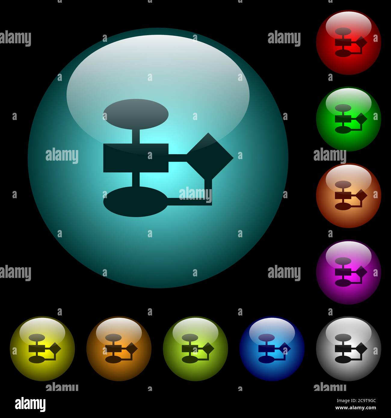 Flowchart icons in color illuminated spherical glass buttons on black ...