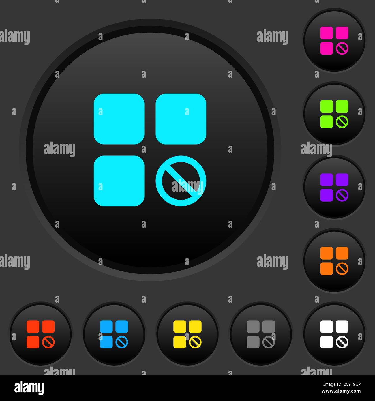 Component disabled dark push buttons with vivid color icons on dark ...