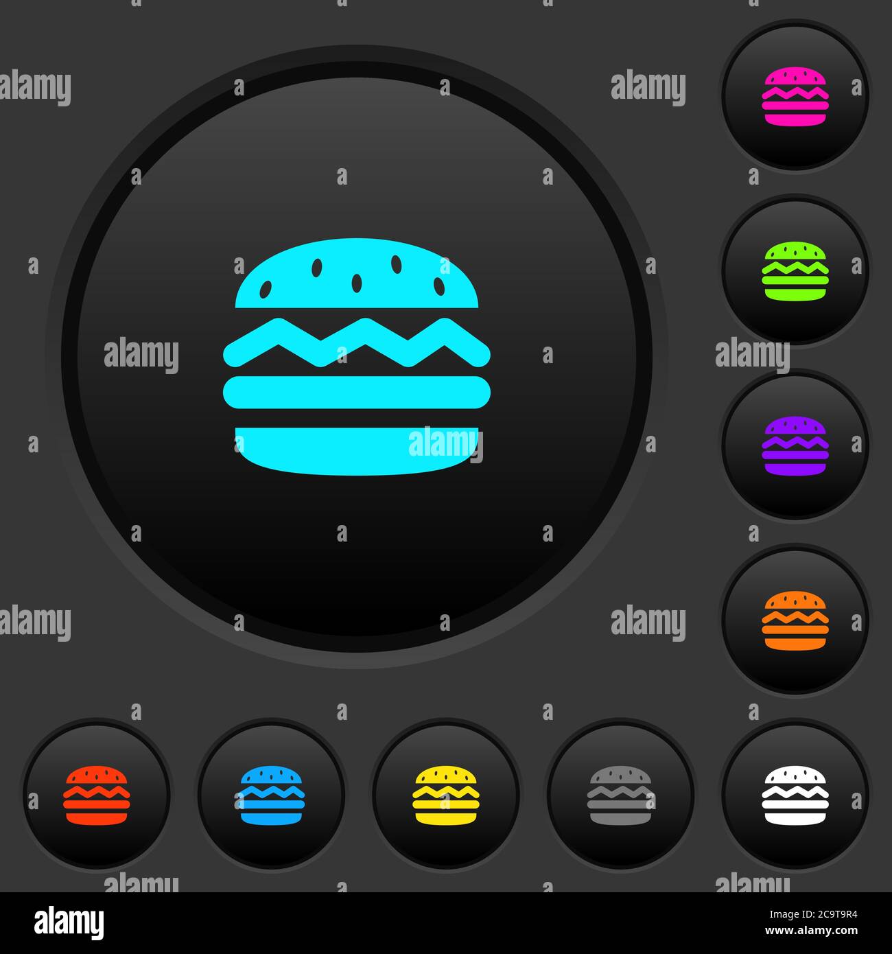 Single hamburger dark push buttons with vivid color icons on dark grey ...
