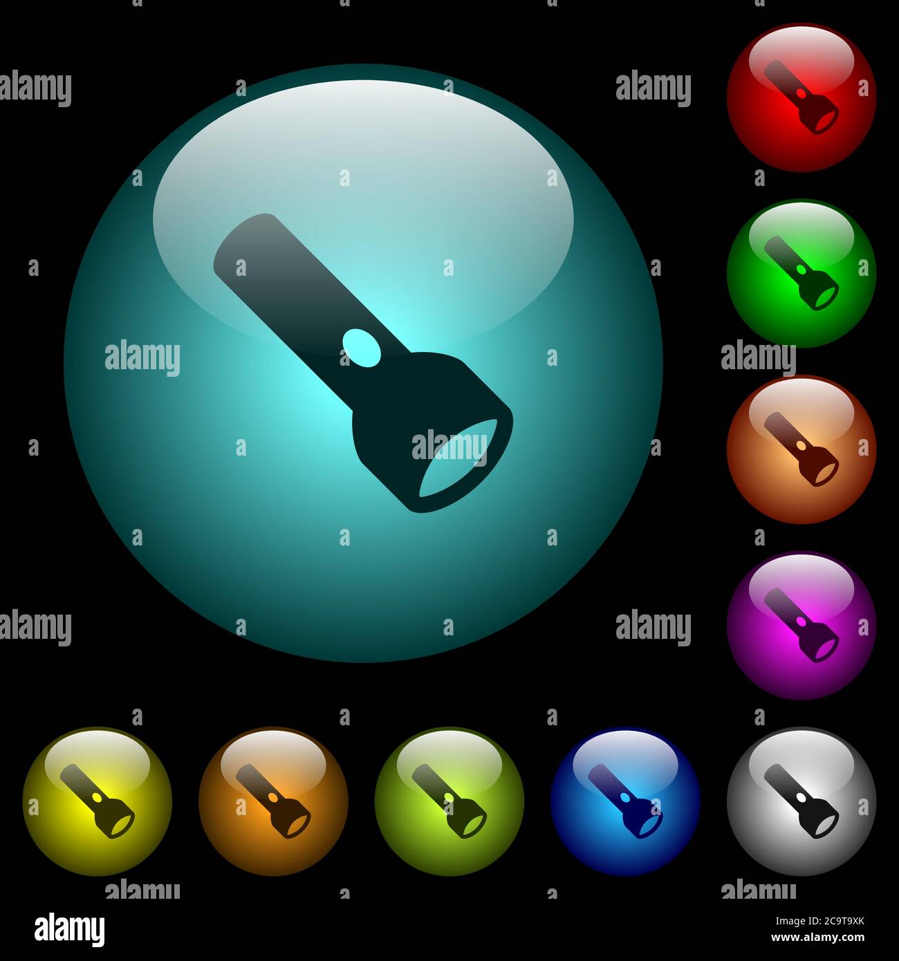 Flashlight icons in color illuminated spherical glass buttons on black ...