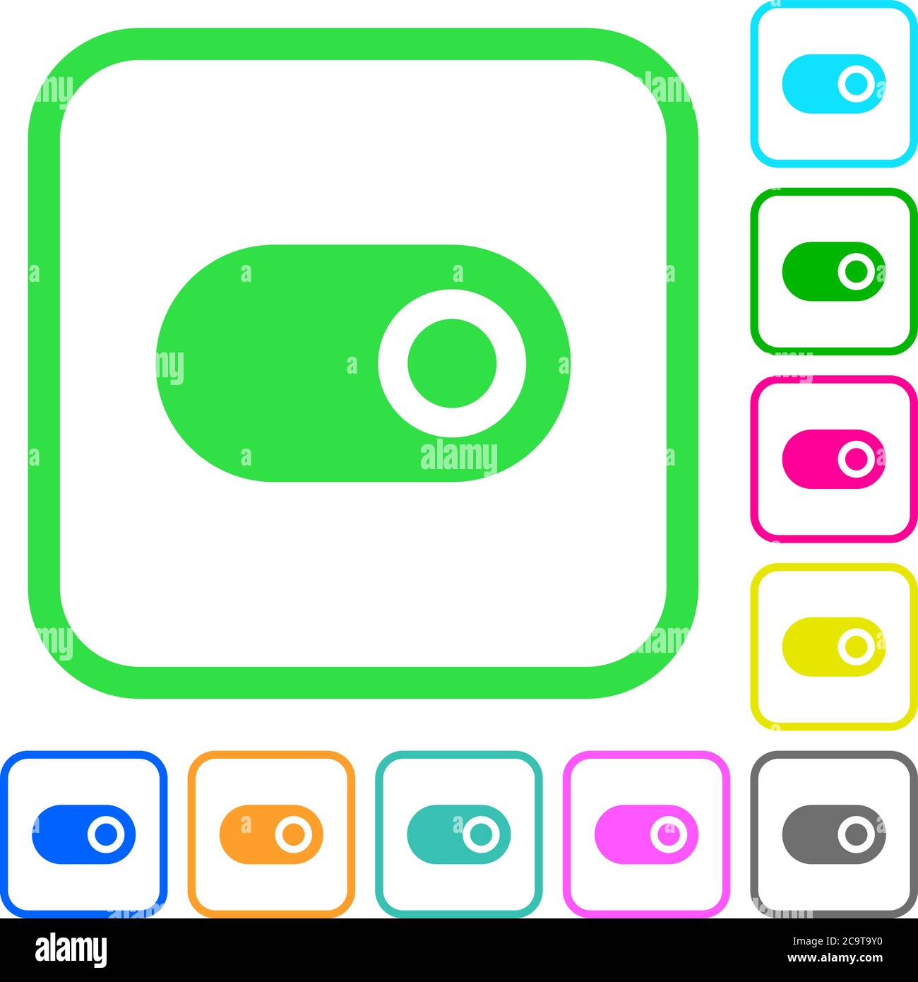 Toggle vivid colored flat icons in curved borders on white background ...