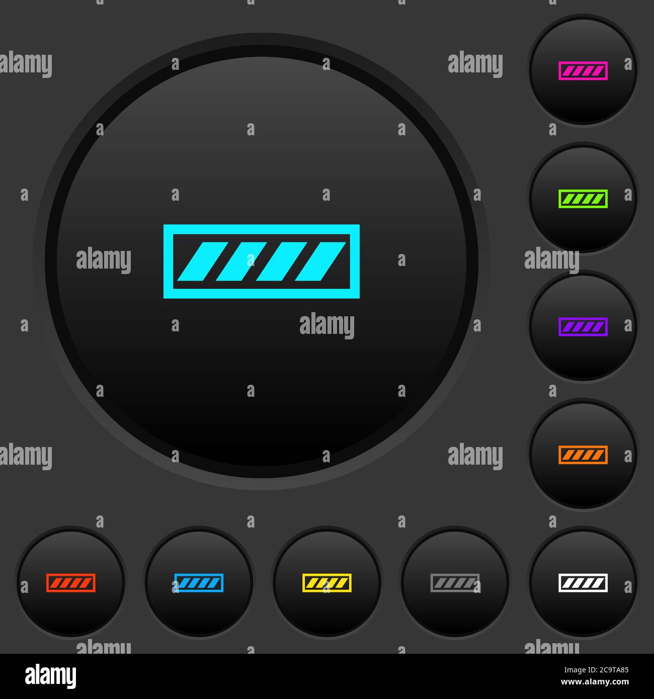 Progress bar dark push buttons with vivid color icons on dark grey ...