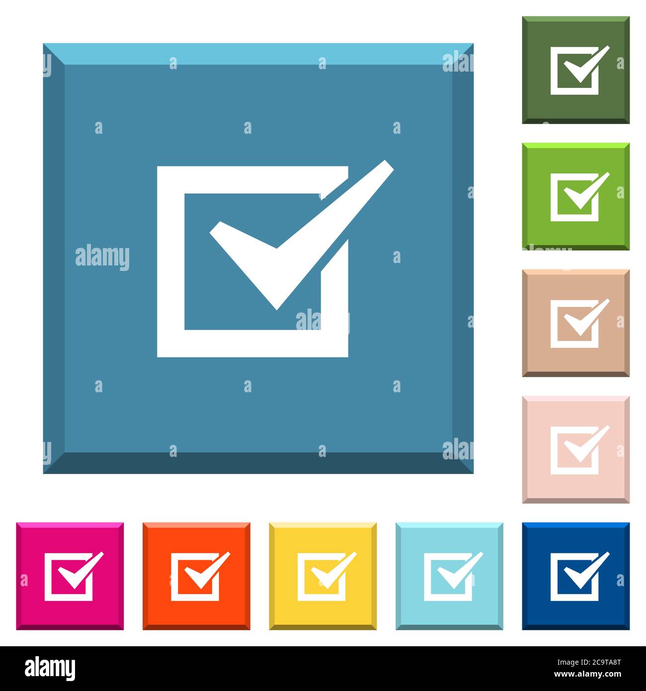 Checked box white icons on edged square buttons in various trendy ...