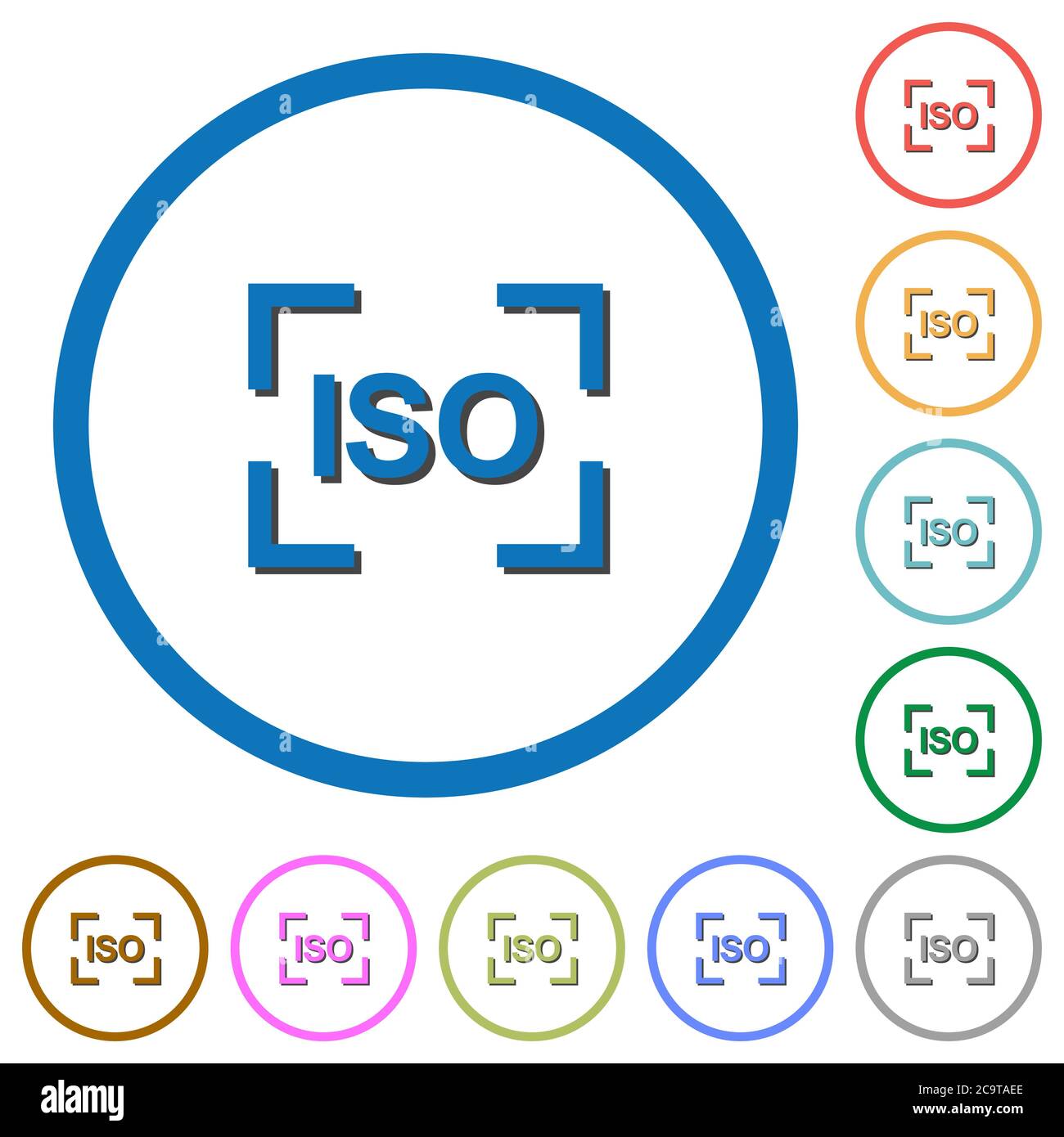 Camera iso speed setting flat color vector icons with shadows in round ...