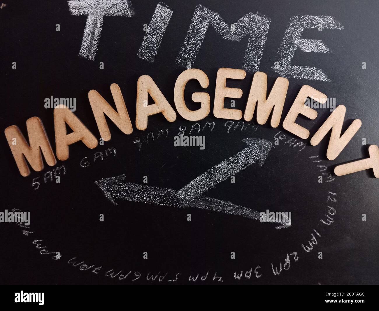Time management business clock diagram word visible on chalkboard with ...