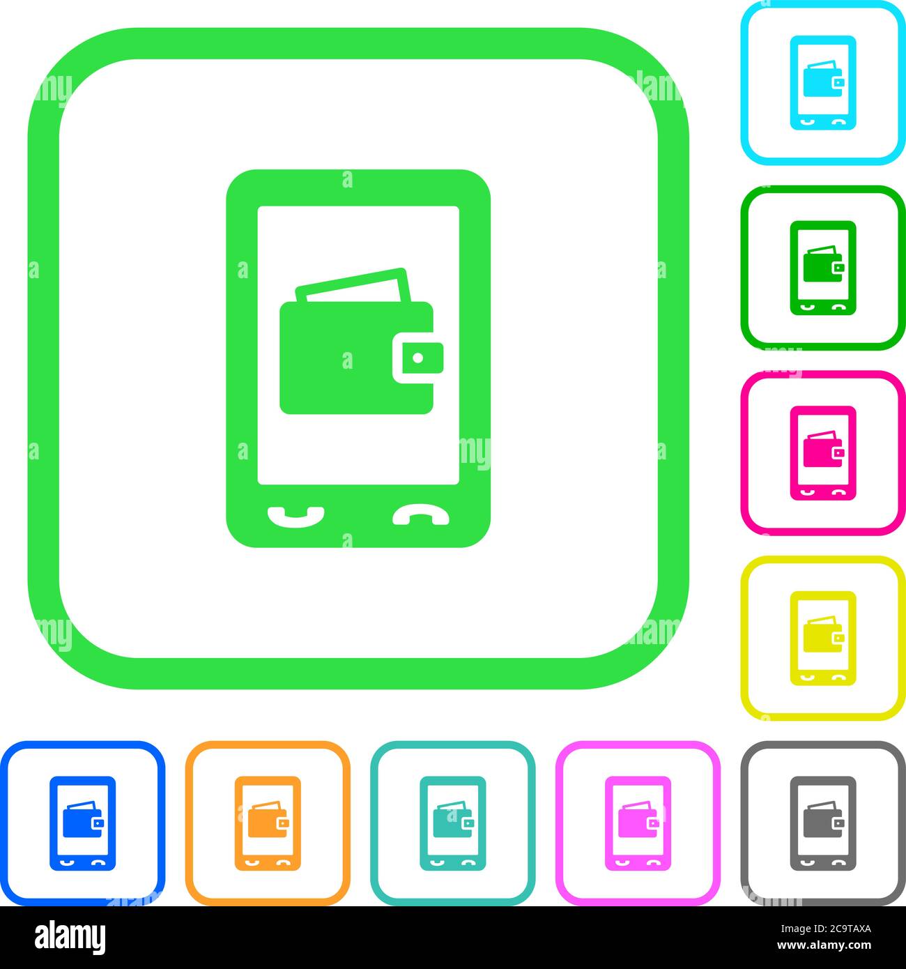 Mobile wallet vivid colored flat icons in curved borders on white ...