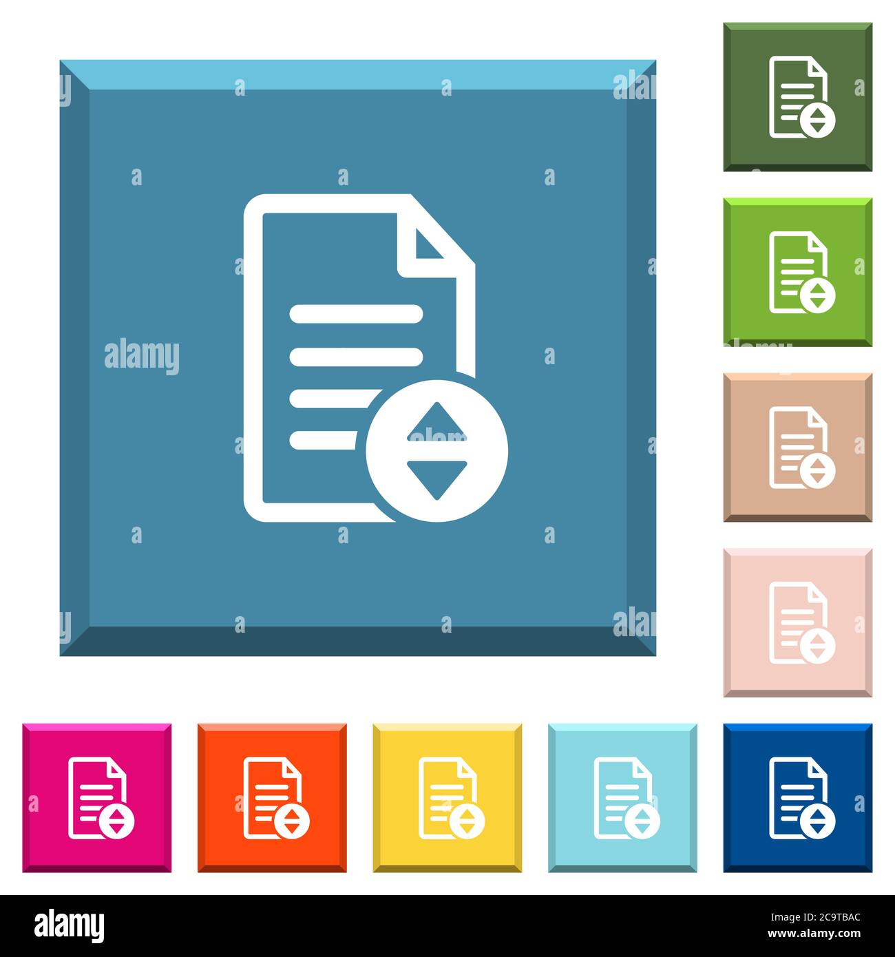 Document scrolling white icons on edged square buttons in various ...