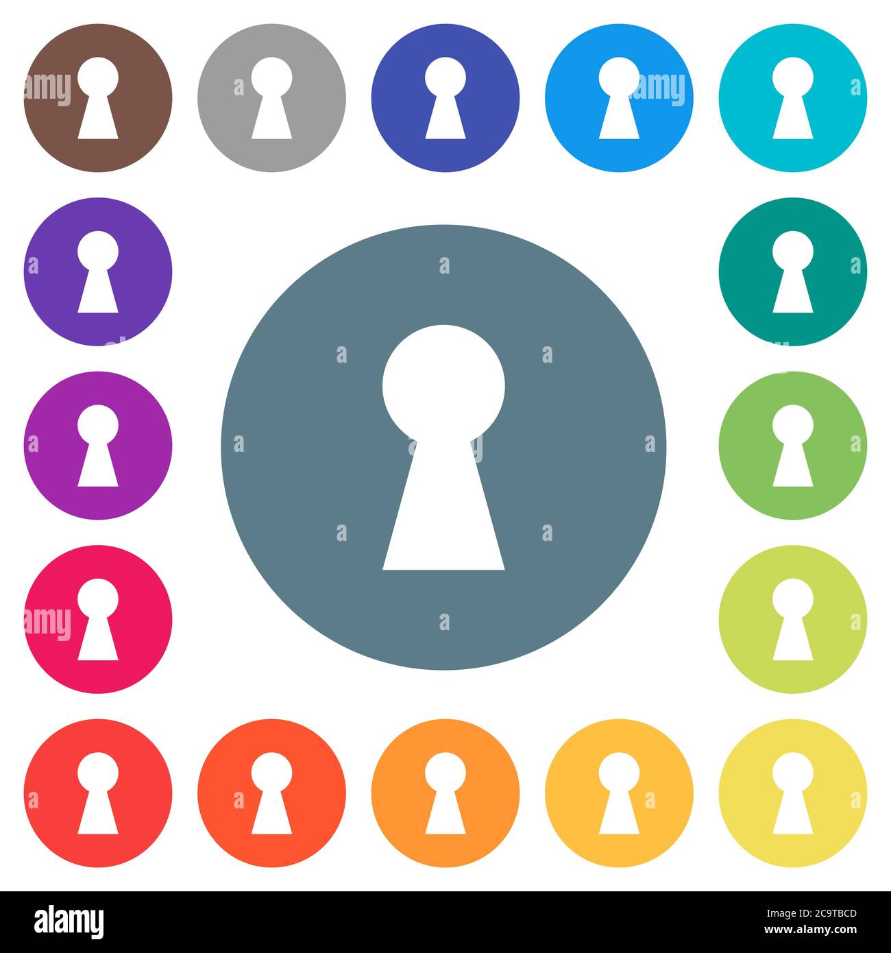 Keyhole flat white icons on round color backgrounds. 17 background color variations are included ...