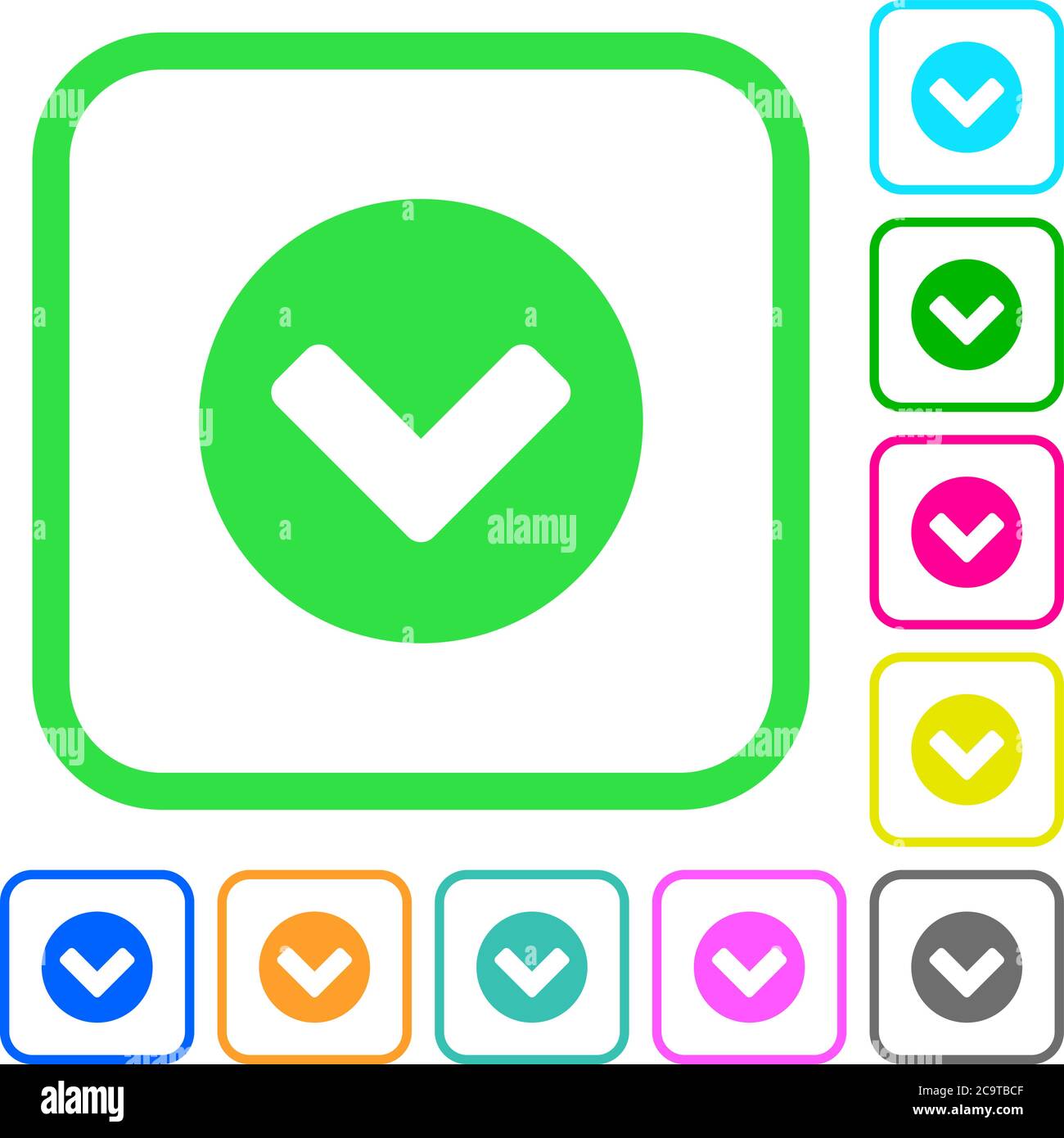 Chevron down vivid colored flat icons in curved borders on white ...