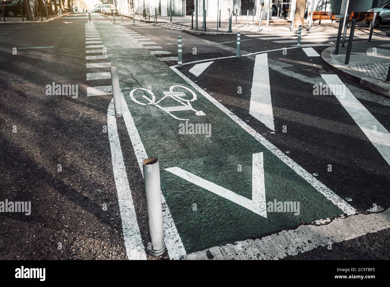 Wide-angle view of a modern urban crossroad with marking and bicycle ...