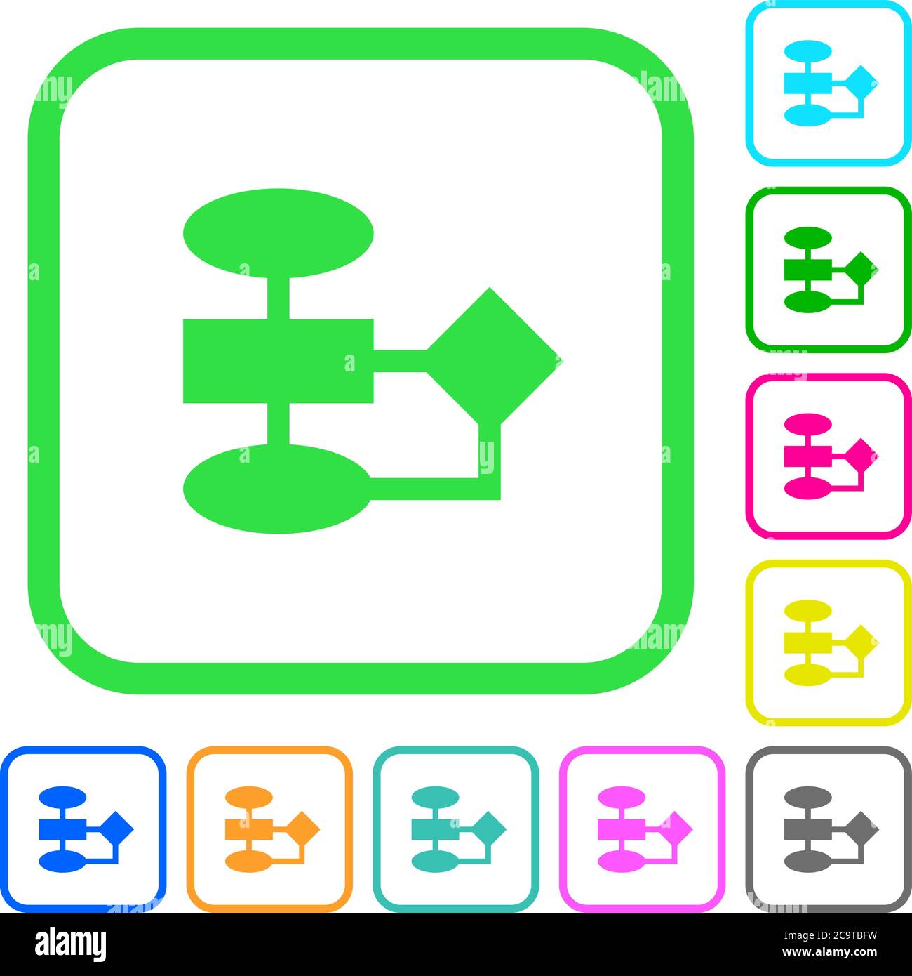 Flowchart vivid colored flat icons in curved borders on white ...