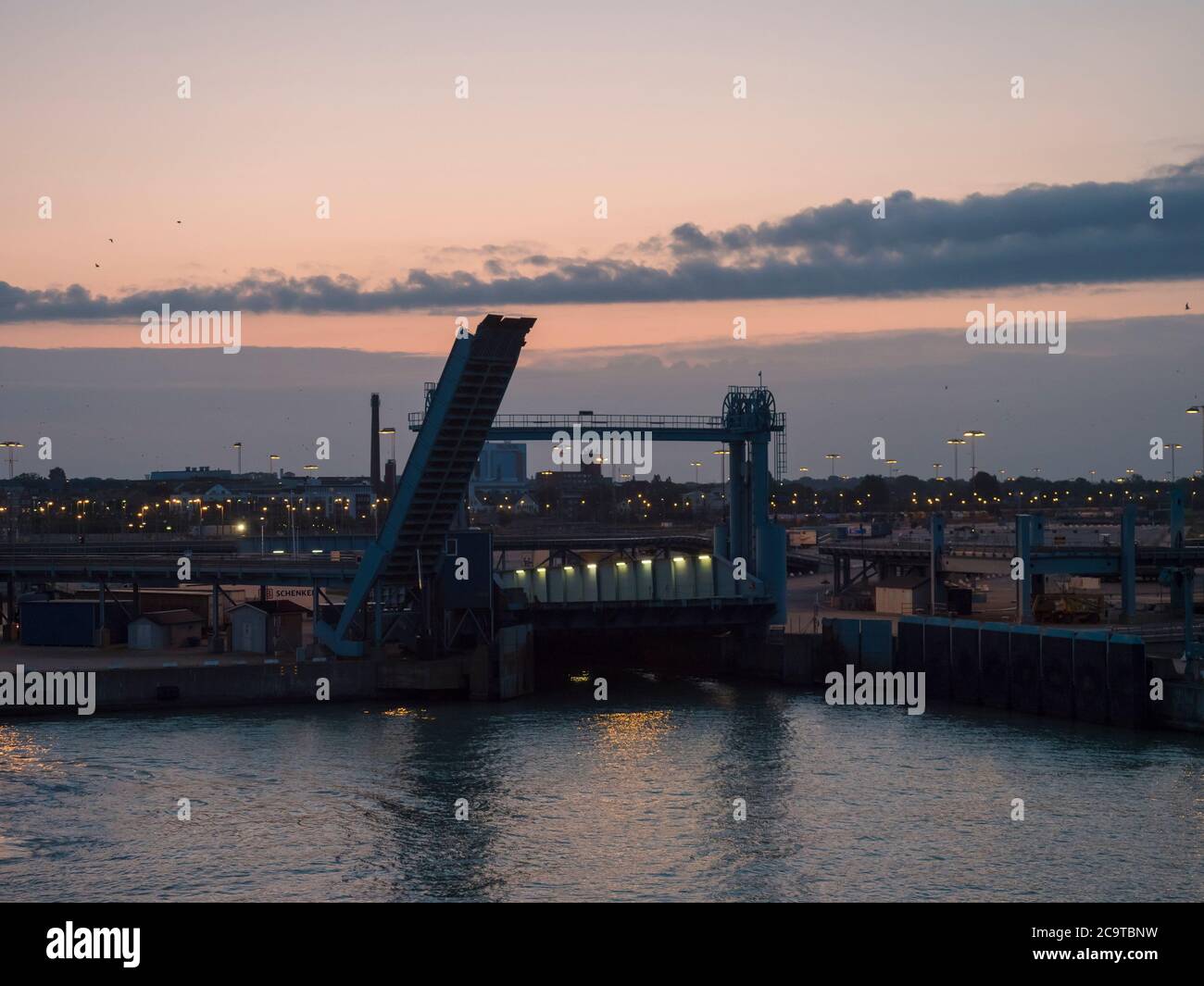 TRELLEBORG, SWEDEN - August 21, 2019: Night view of Trelleborg harbor ...