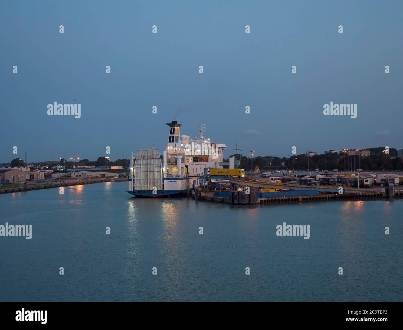 TRELLEBORG, SWEDEN - August 21, 2019: Night view of Trelleborg harbor ...
