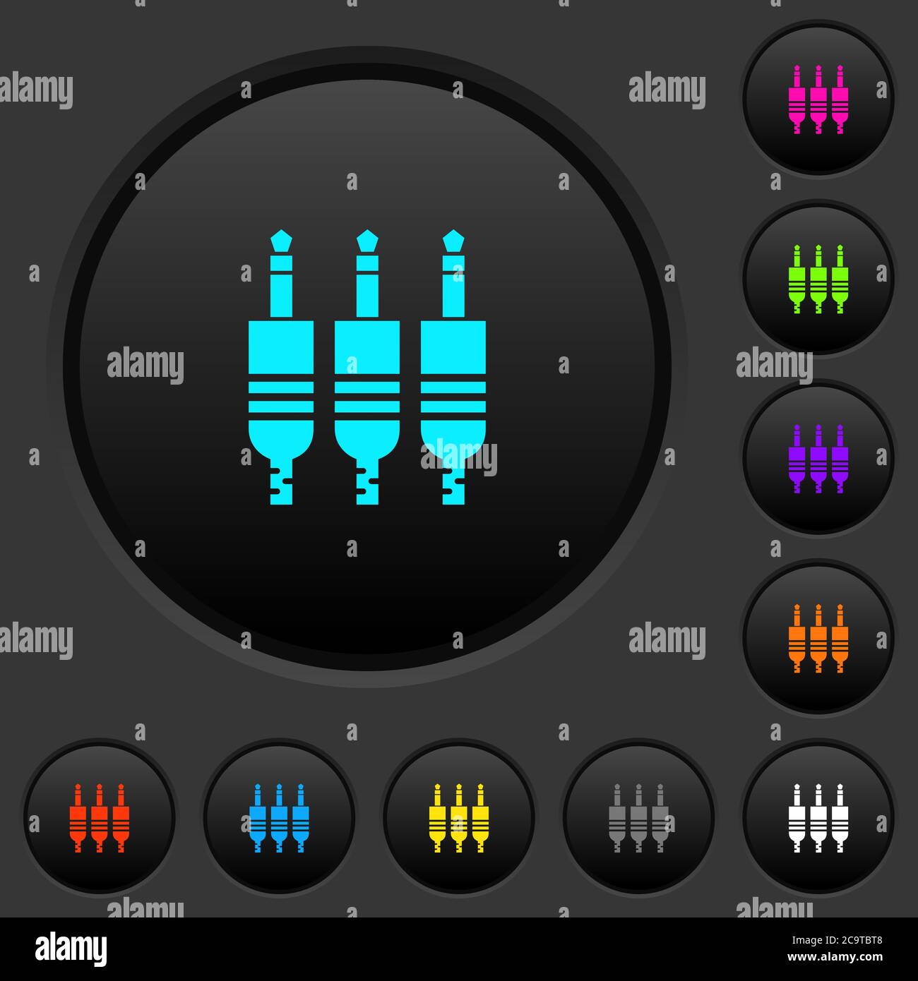 Analog jack connectors dark push buttons with vivid color icons on dark ...