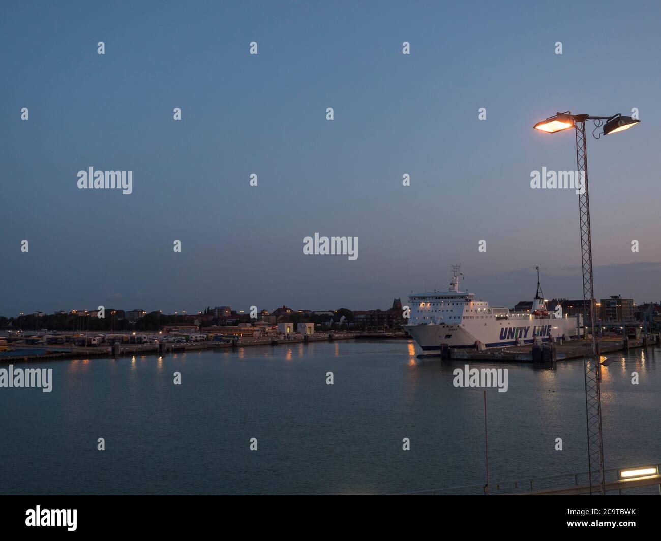 TRELLEBORG, SWEDEN - August 21, 2019: Night view of Trelleborg harbor ...