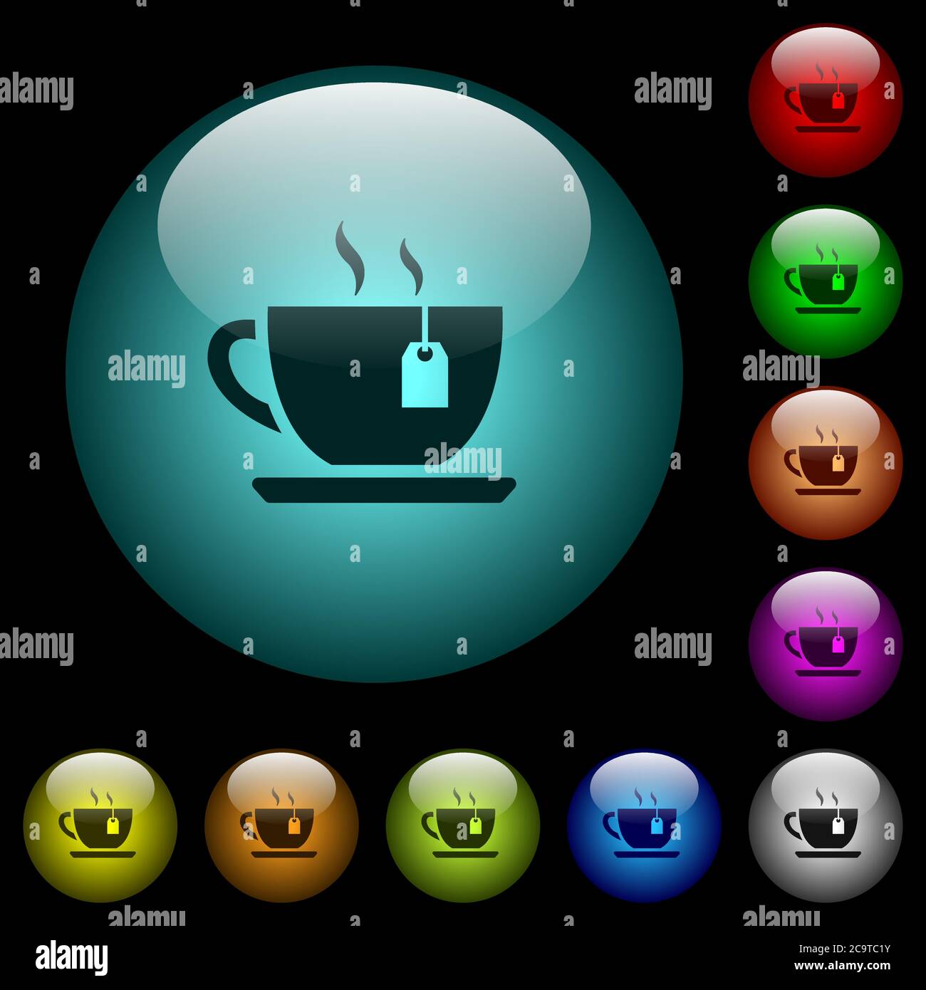 Cup of tea with teabag icons in color illuminated spherical glass ...