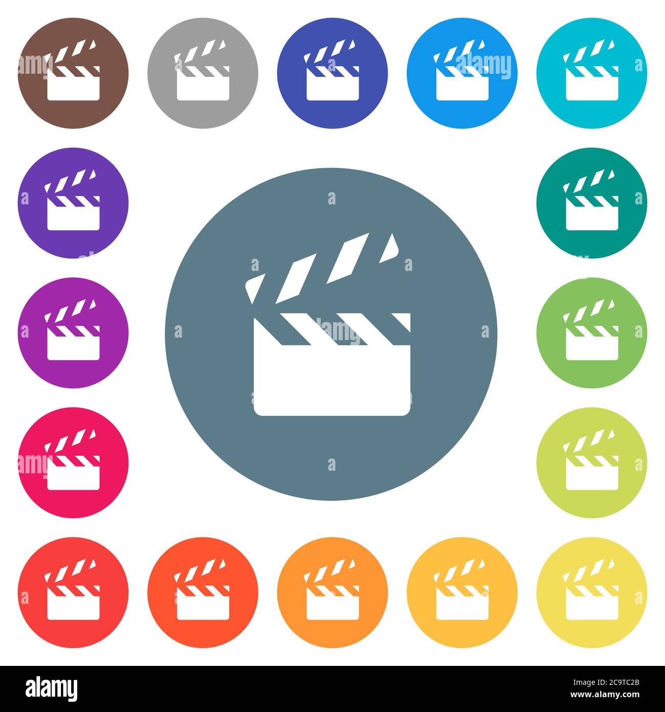 Clapperboard flat white icons on round color backgrounds. 17 background color variations are ...