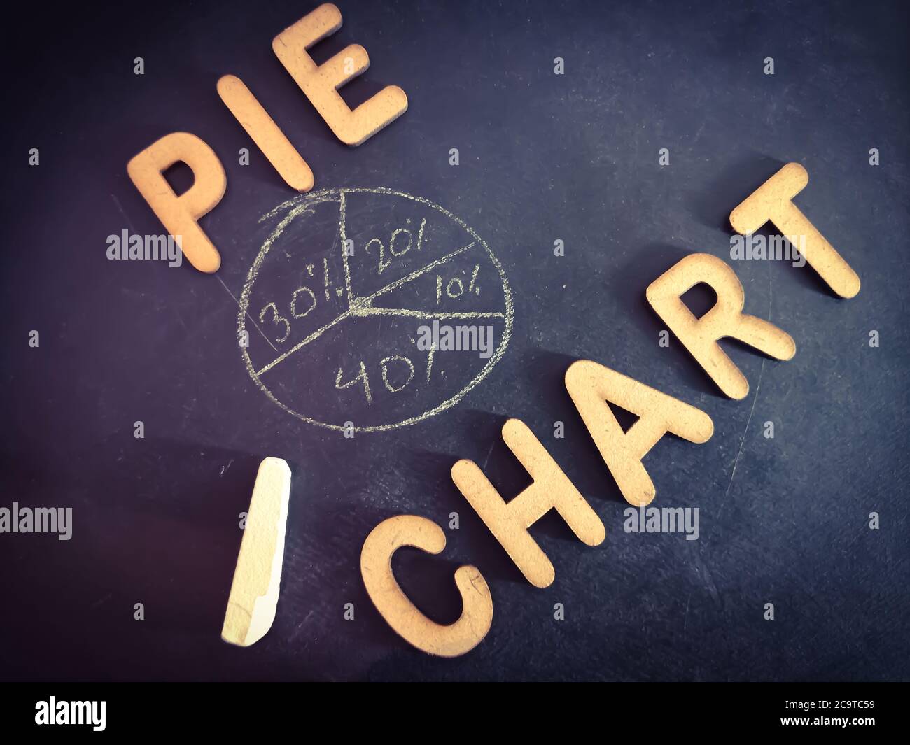 Pie chart diagram word art presented on chalk board with wooden text ...
