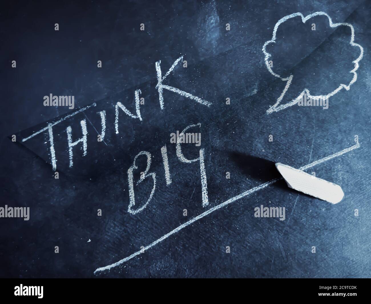 Think big word presented on chalk board with wooden text art texture at ...