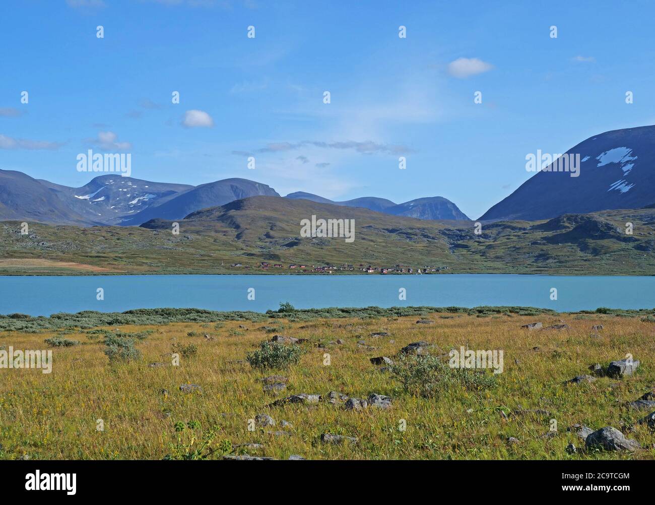 Lapland nature landscape with blue glacial lake Allesjok near Alesjaure ...