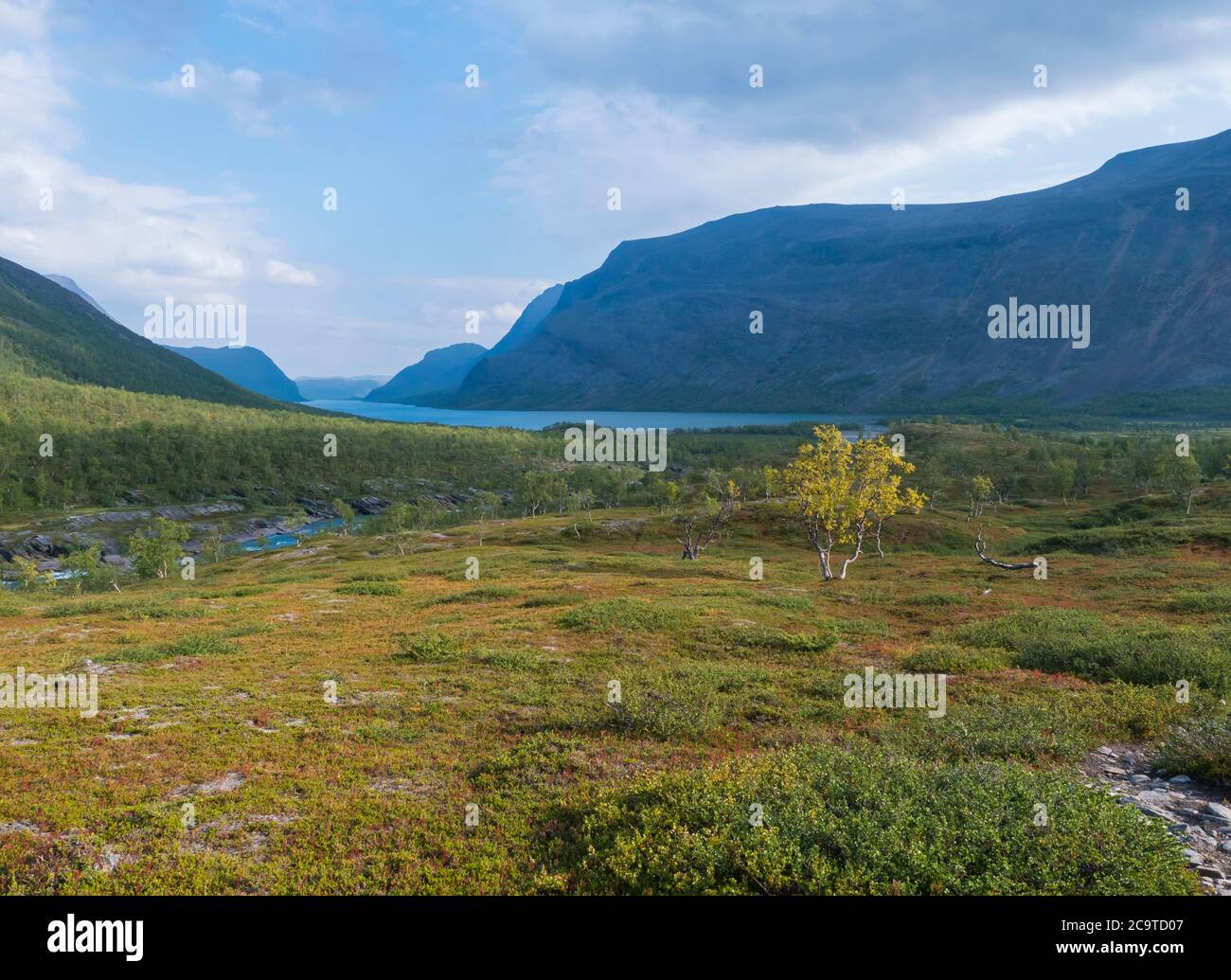 Beautiful wild Lapland nature landscape with blue glacial river ...