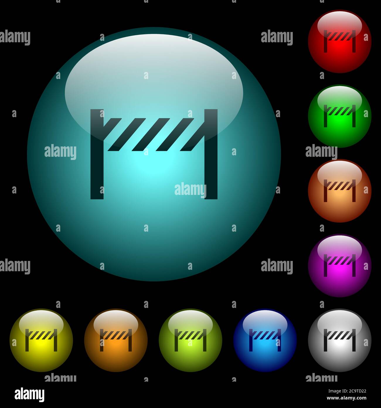 Road closure fence icons in color illuminated spherical glass buttons ...
