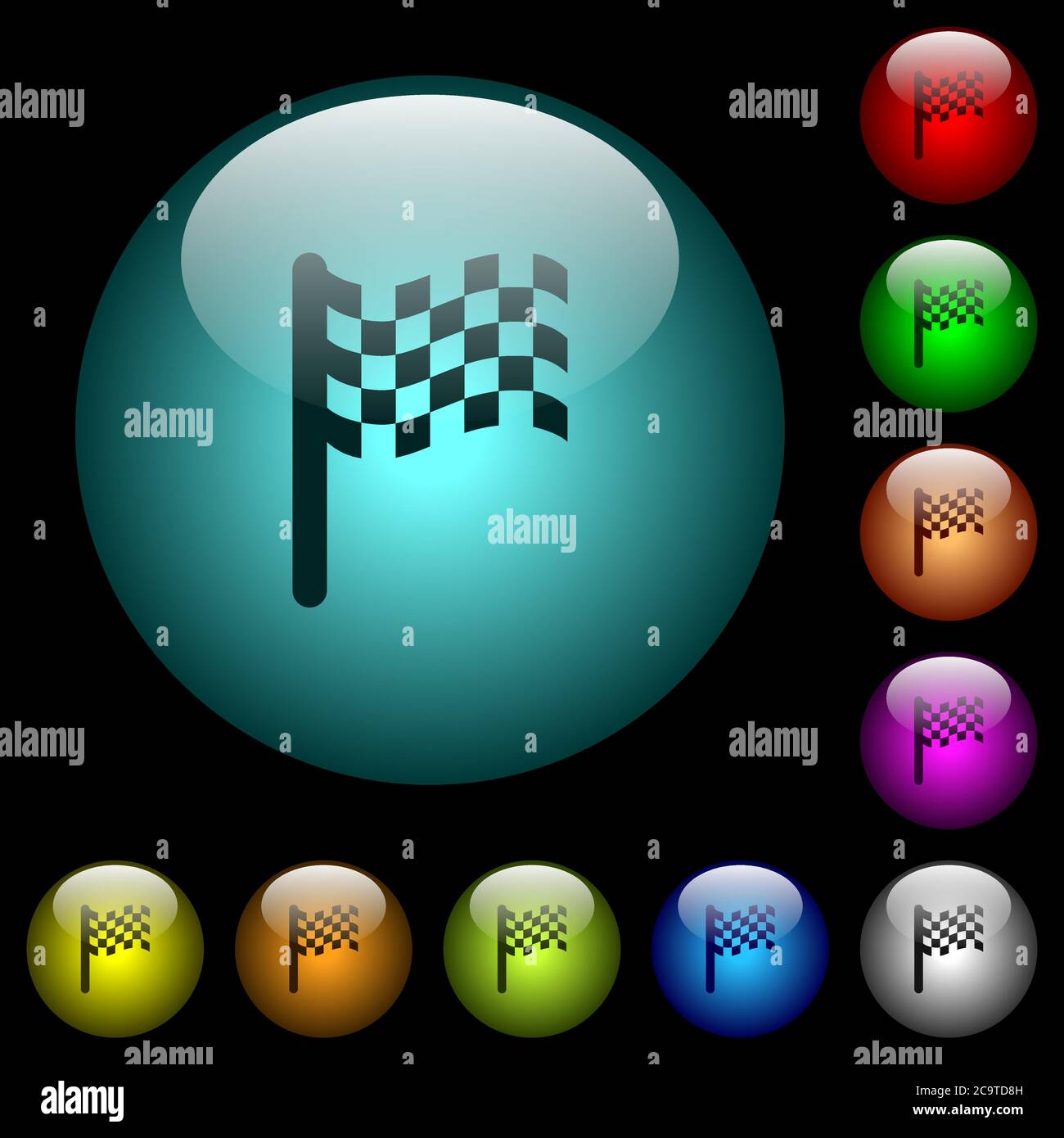 Race flag icons in color illuminated spherical glass buttons on black ...