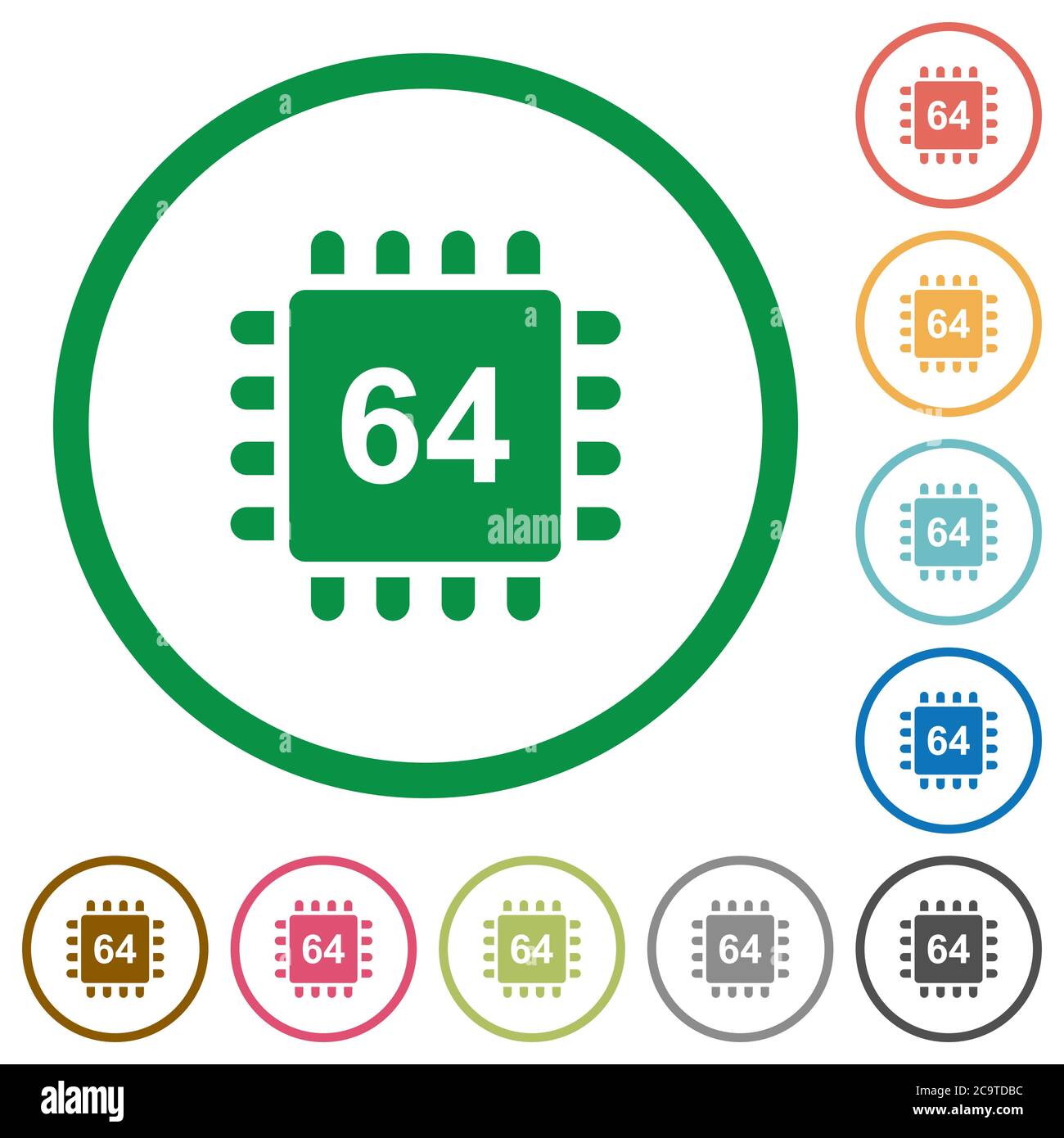 Microprocessor 64 bit architecture flat color icons in round outlines on white background Stock ...